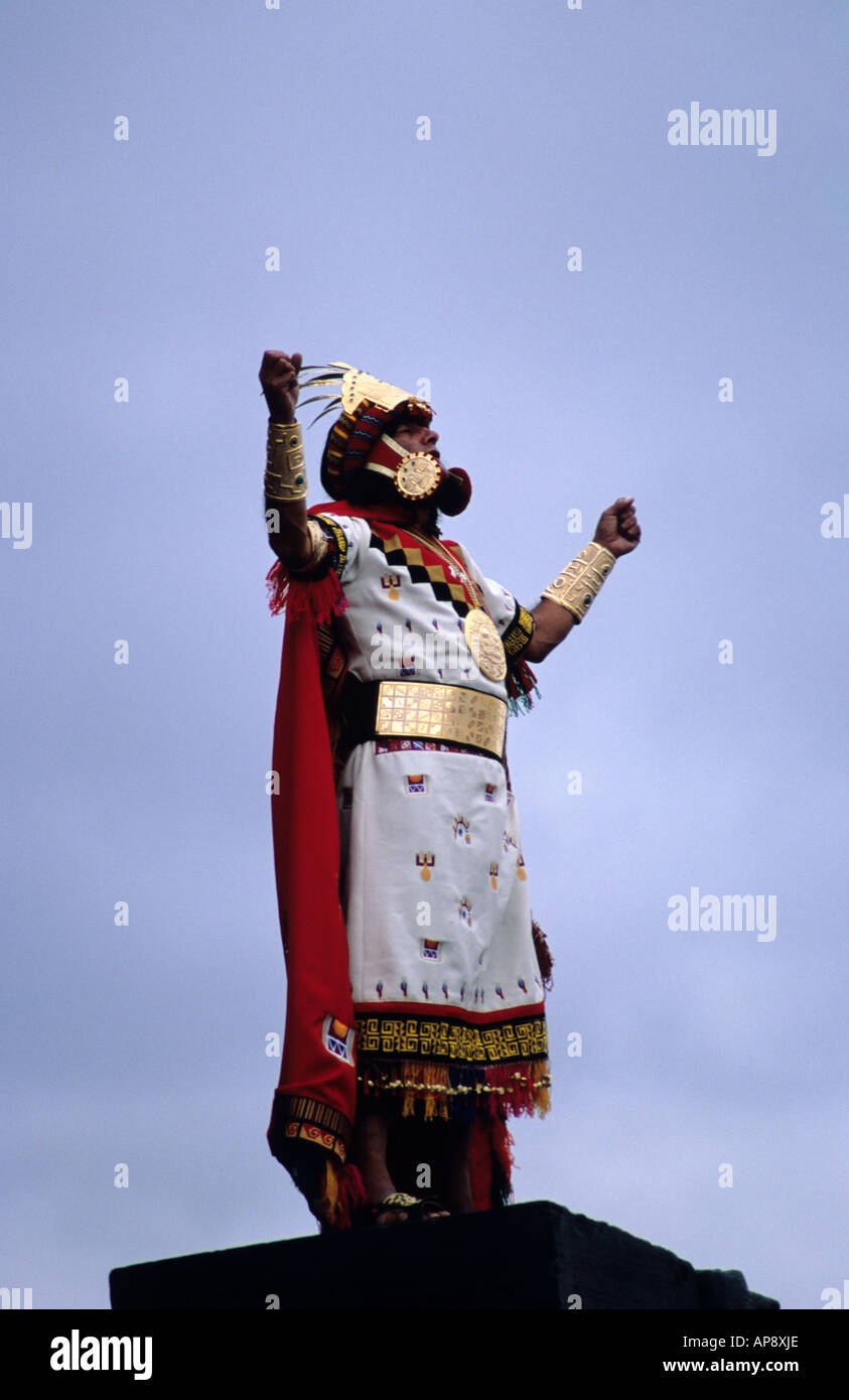 An Inka proclaiming the sun at the Sun Temple at the start of the Inti ...