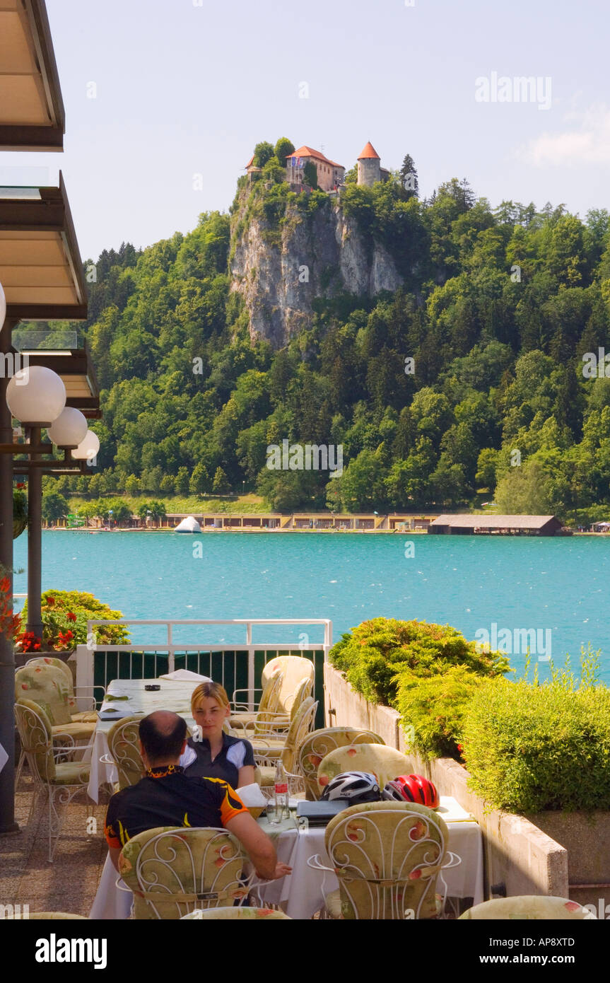 Waterfront restaurant at Lake Bled Slovenia with view to Bled Castle ...