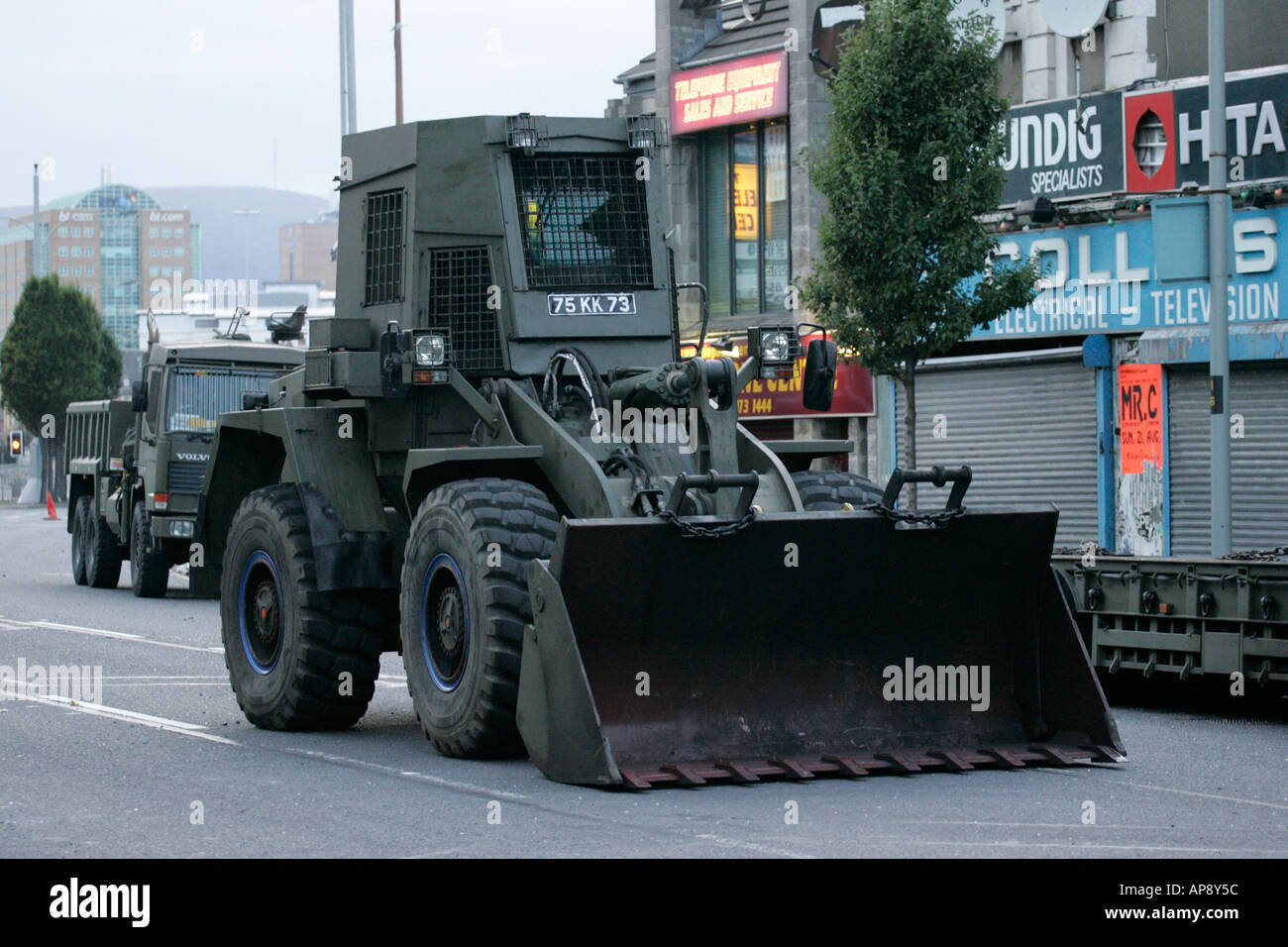 British army earth moving equipment parked on Albertbridge Road during ...