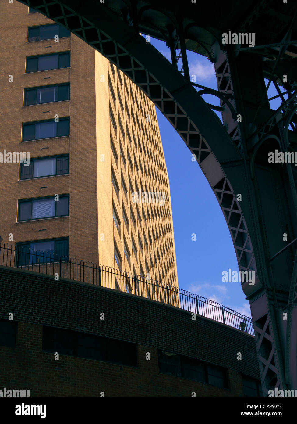 Overlapping structural elements (two buildings and bridge) in urban New ...