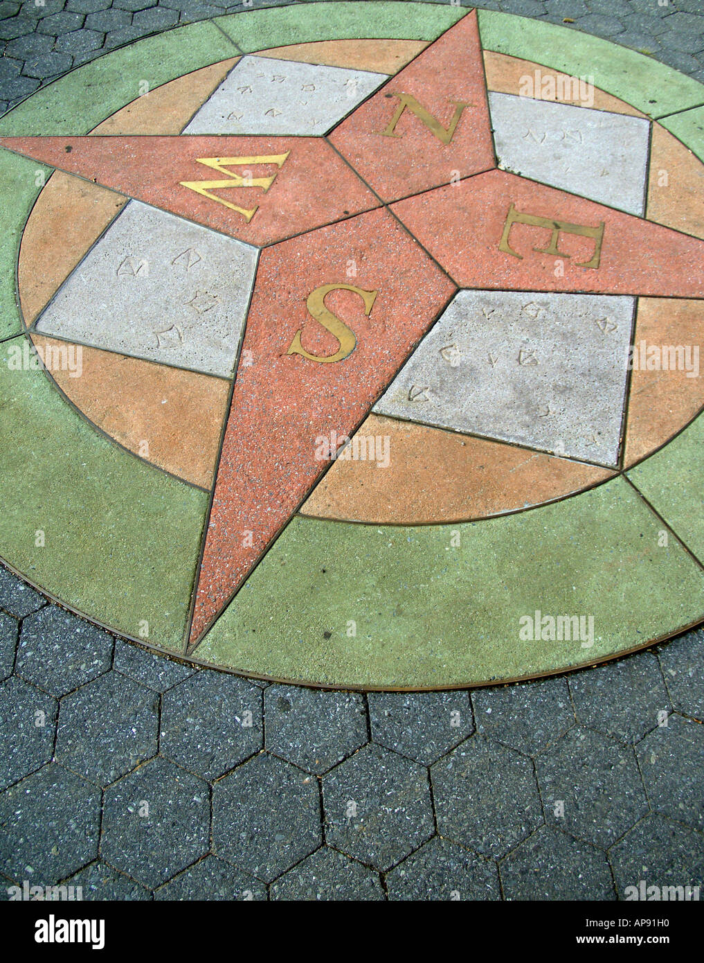 Colorful concrete compass embedded in walkway in New York's Riverside ...