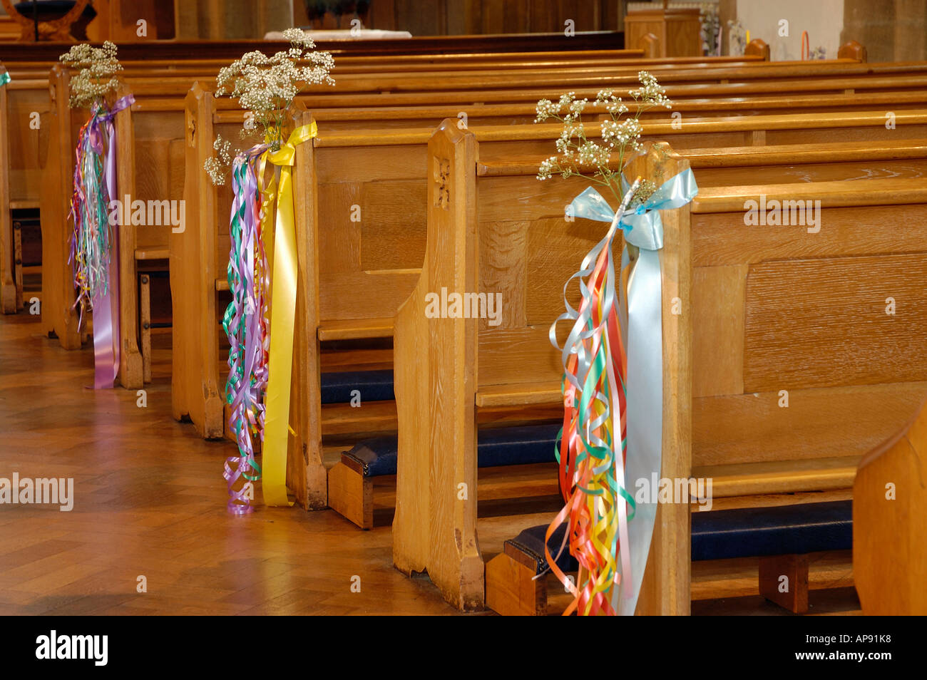 Floral decorations on the pews in Our Lady Star of the Sea Roman ...