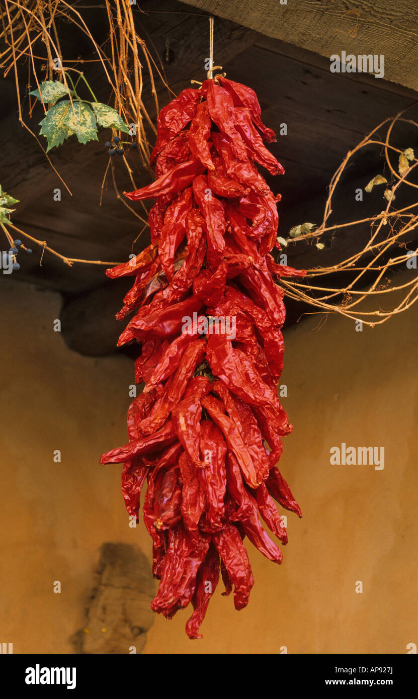 New Mexico red chili pepper ristra hanging from adobe house Stock Photo ...