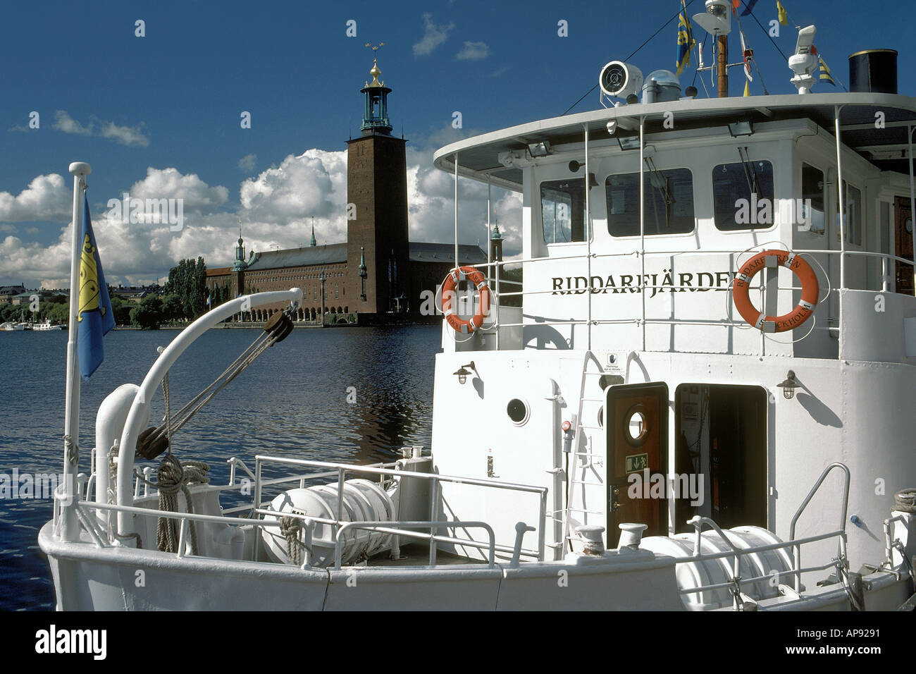 Appropriately named boat Riddarfjärden docked off of the Riddarholmen ...