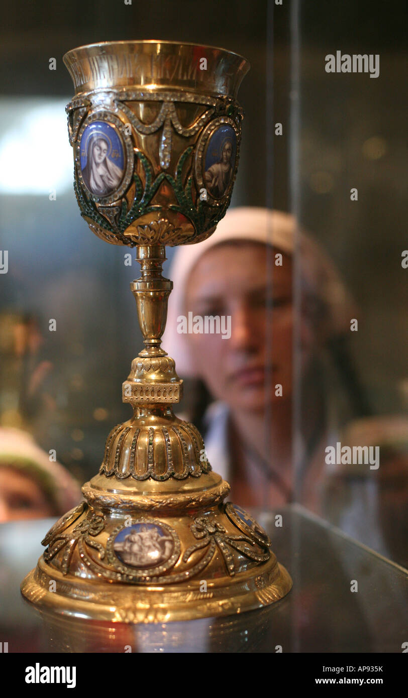 Russian pilgrim looking at the chalice, the gift of Russian tsar Paul I ...