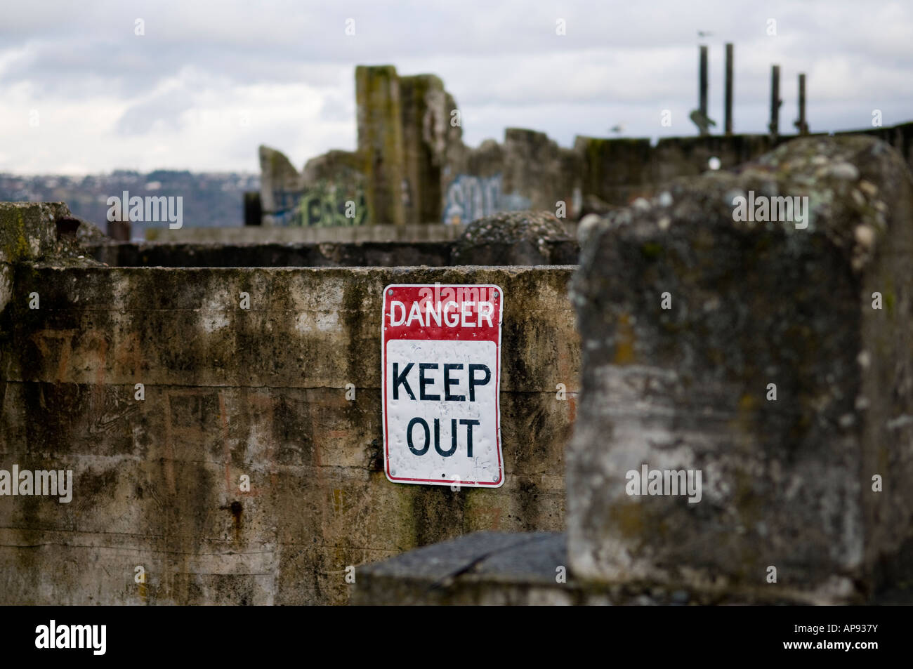 Danger Keep Out sign on concrete ruins of the Dickman Mill in Tacoma ...