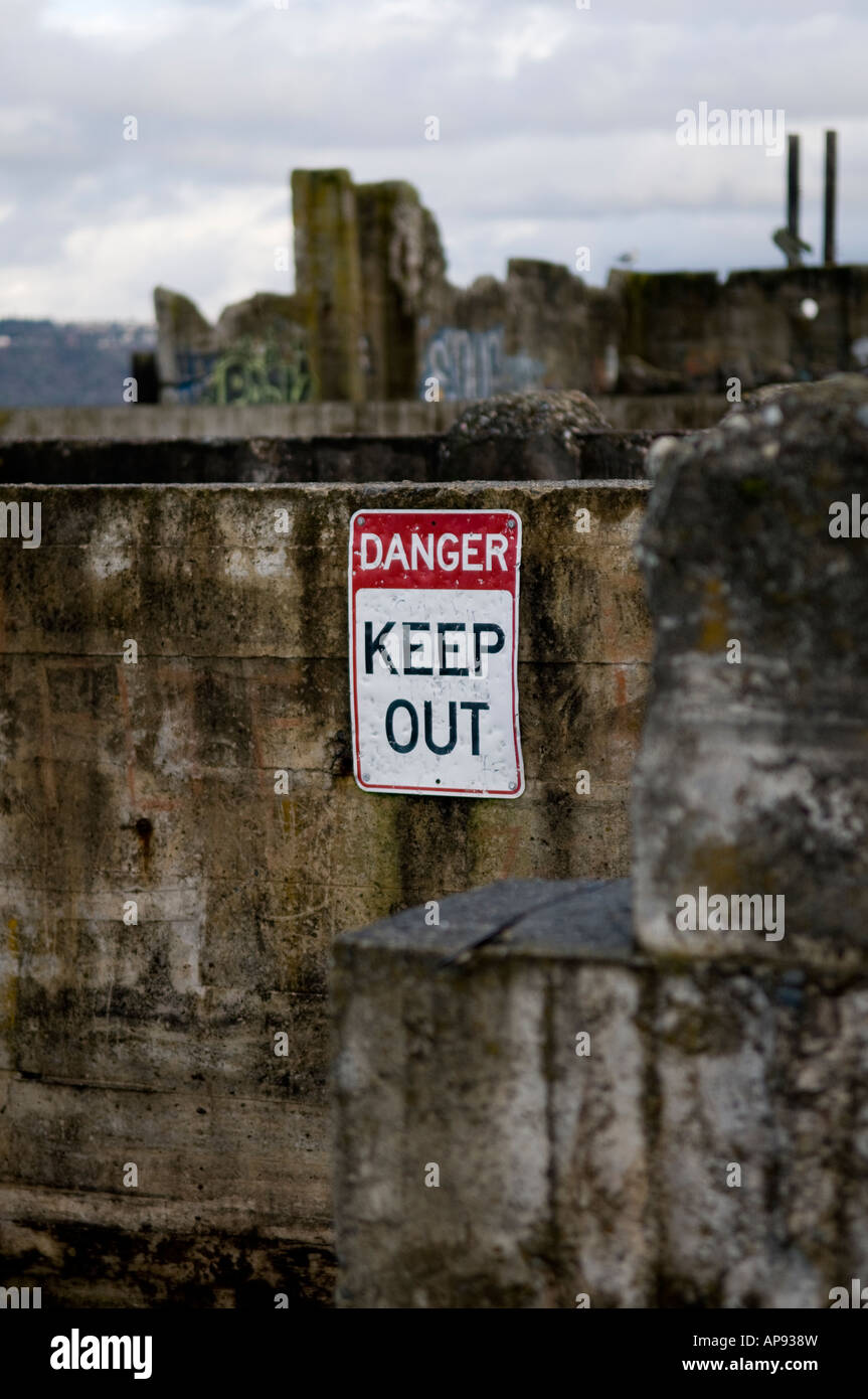 Danger Keep Out sign on concrete ruins of the Dickman Mill in Tacoma ...