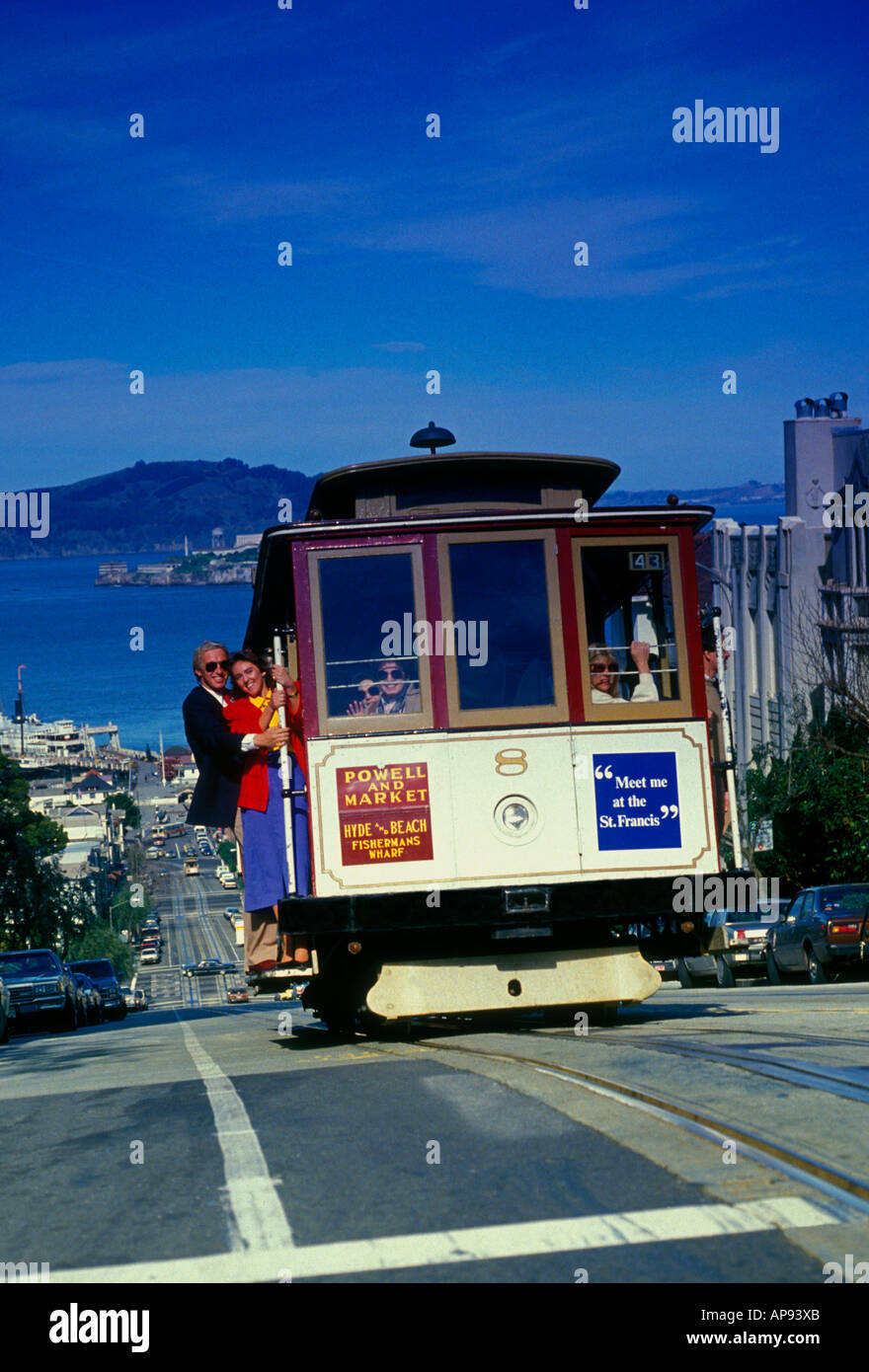 people, riding cable car, cable car ride, cable car, along Hyde Street ...