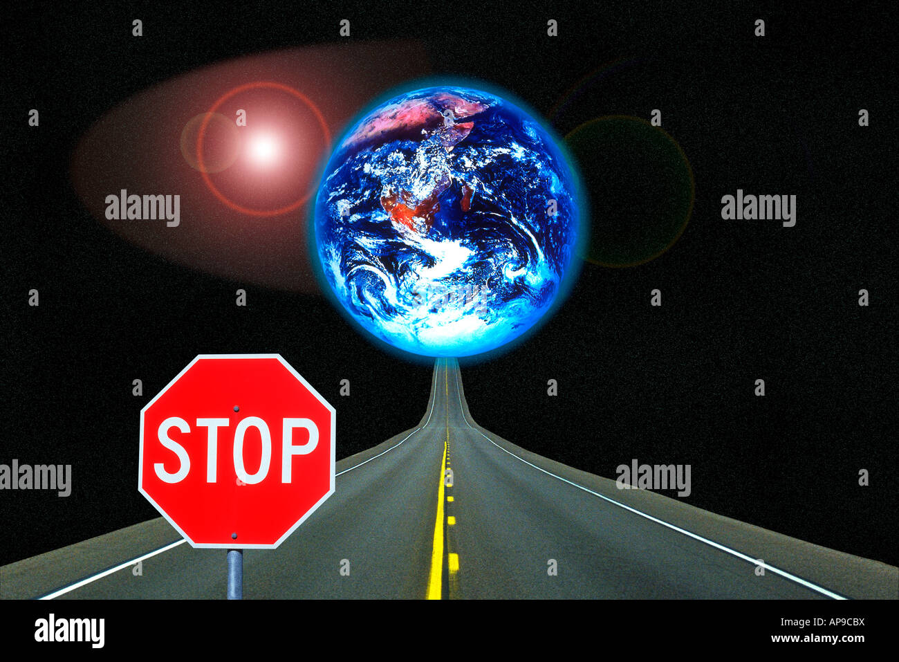 Stop Sign on the Road to Planet Earth, digital composite Stock Photo ...