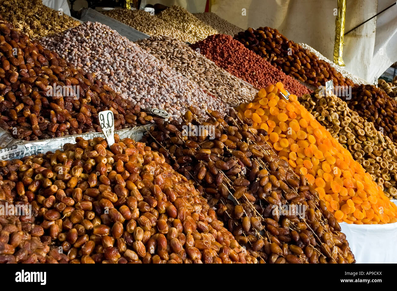 Dates and dried fruits on a stall in Djemaa el Fna Marrakech Morocco ...