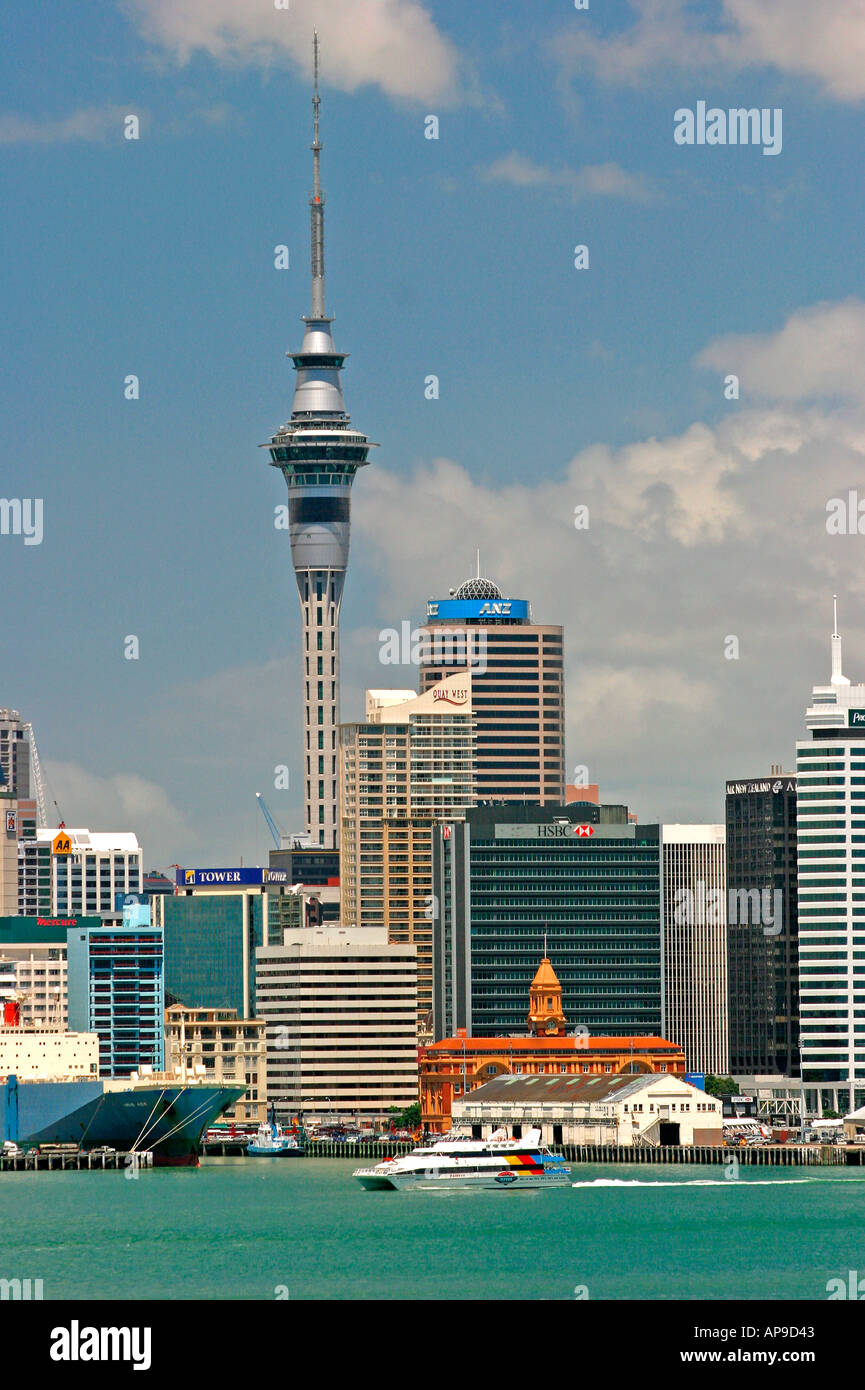New Zealand Auckland with Sky Tower and Ferry Bldg Stock Photo - Alamy