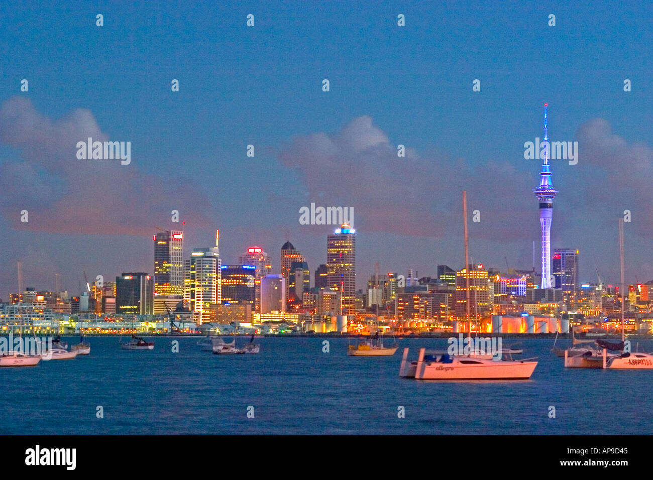Auckland Sky Tower Waterfront twilight New Zealand Stock Photo - Alamy