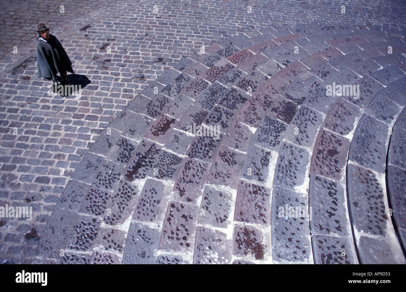 Indigenous man in poncho stands at the foot of the cathedral steps ...