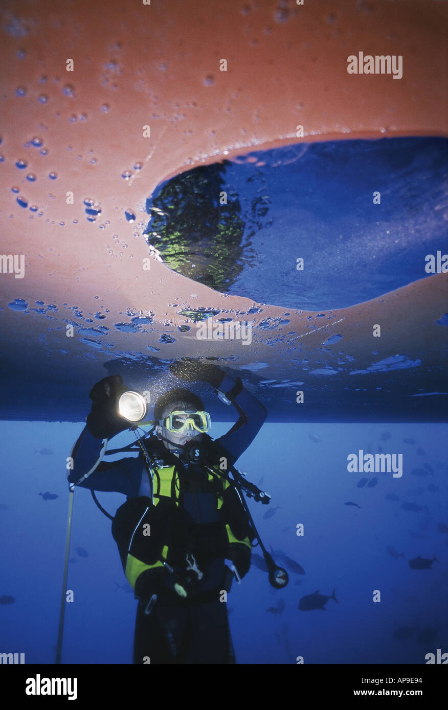 scuba diver shines a light on bubbles under hull of ship Stock Photo ...