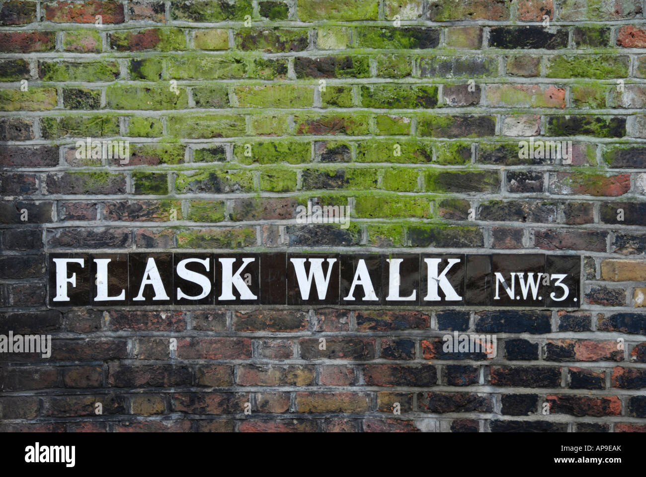 Flask Walk street sign on brick wall Hampstead, London, England Stock ...