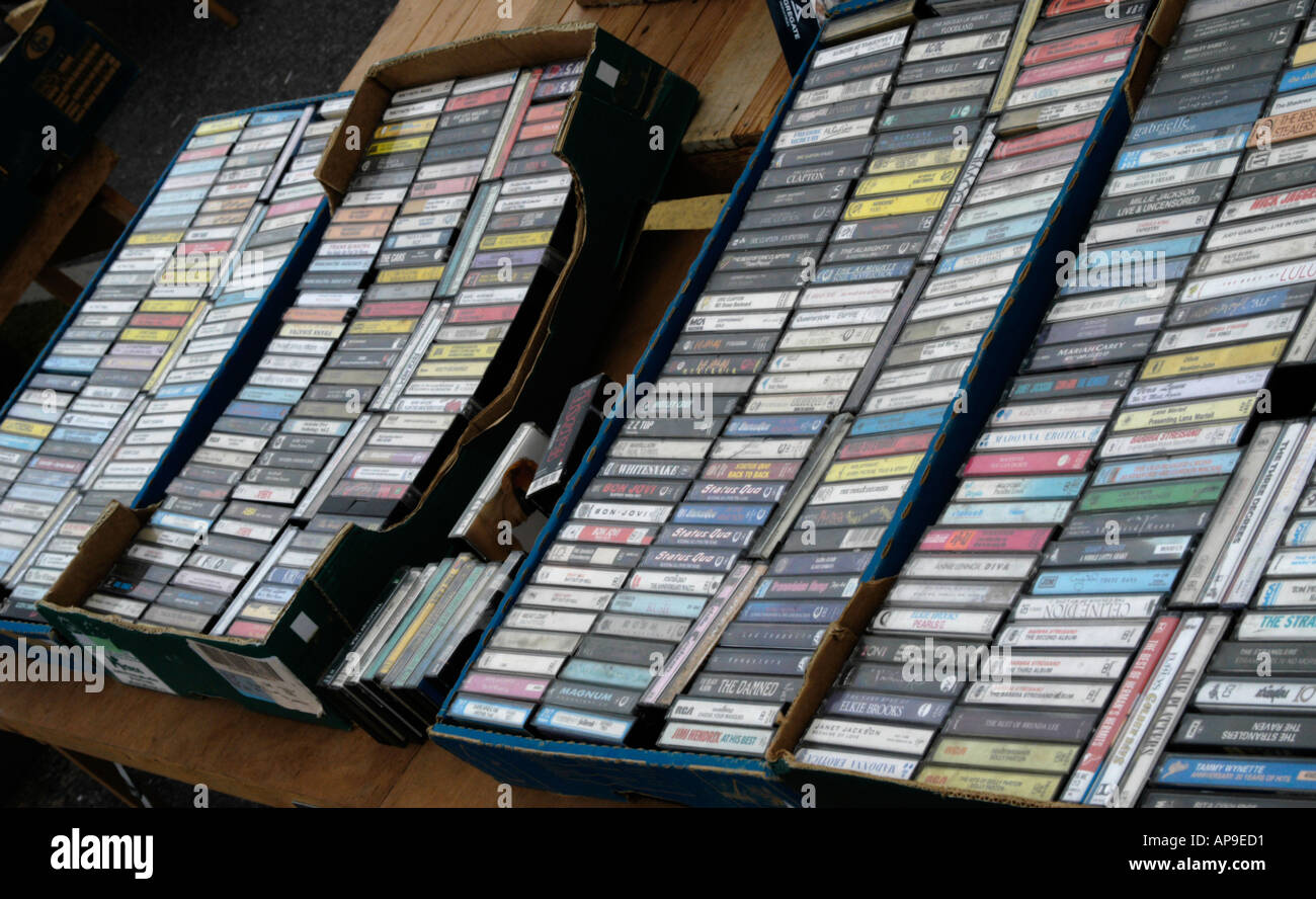 Audio cassette tapes on display for sale at a table top sale Stock ...