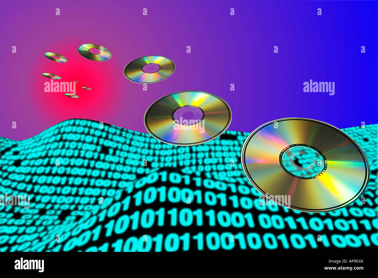 Compact discs flying over digital landscape, digital composite Stock ...