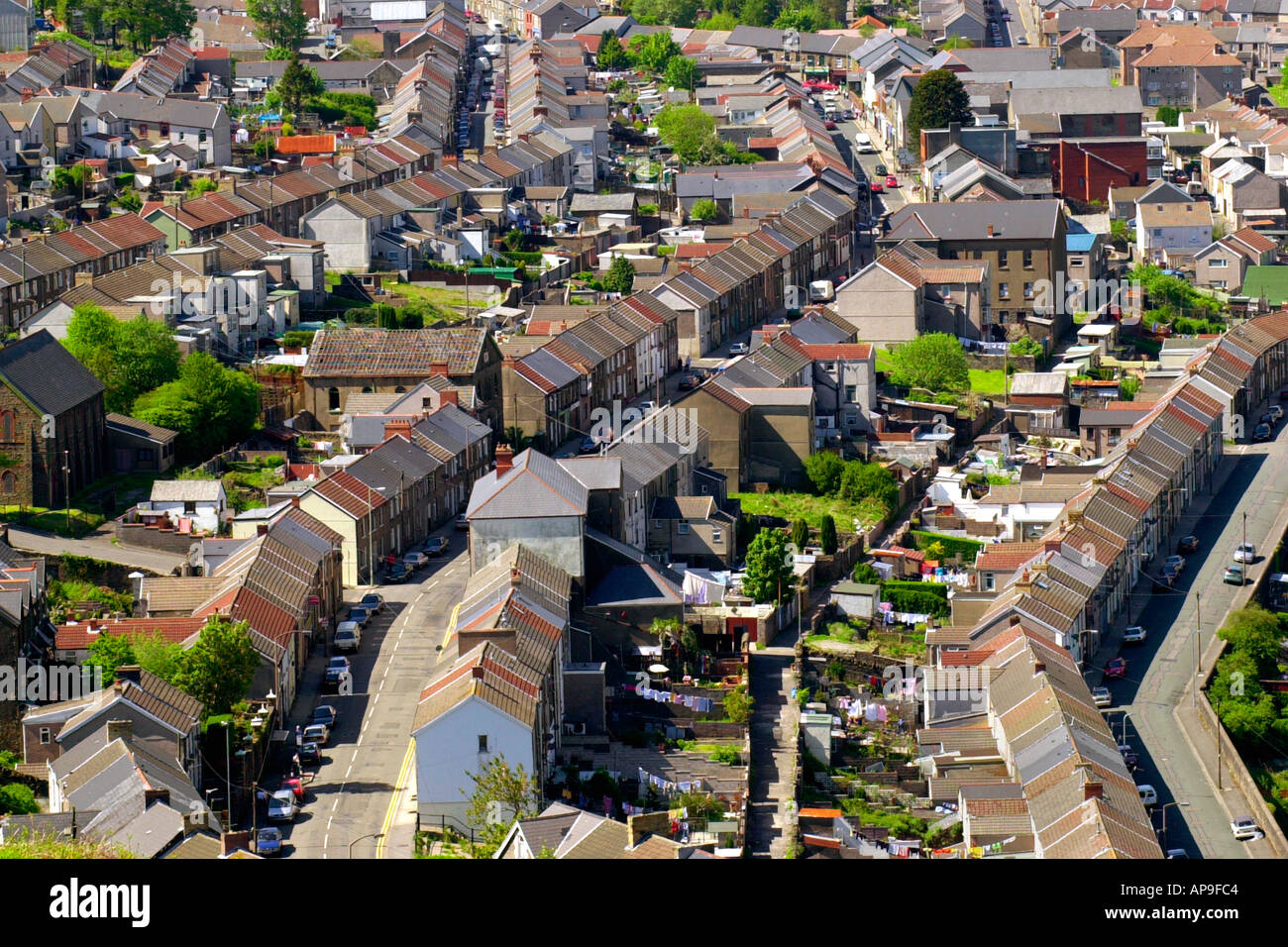 View over former coal mining village of Ferndale in Rhondda Valley ...