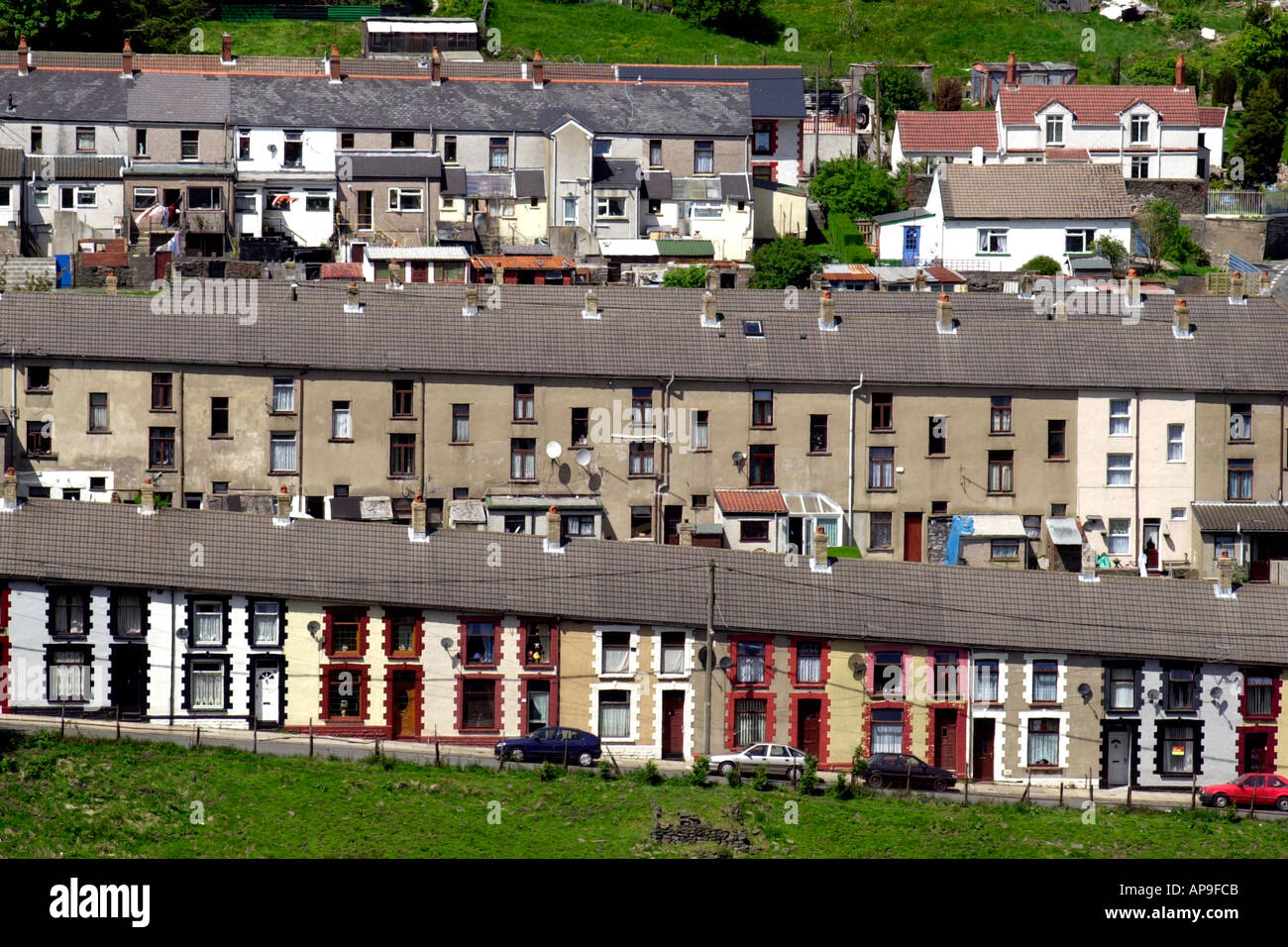 Terraced industrial housing built on hillside for coal miners in 19th ...