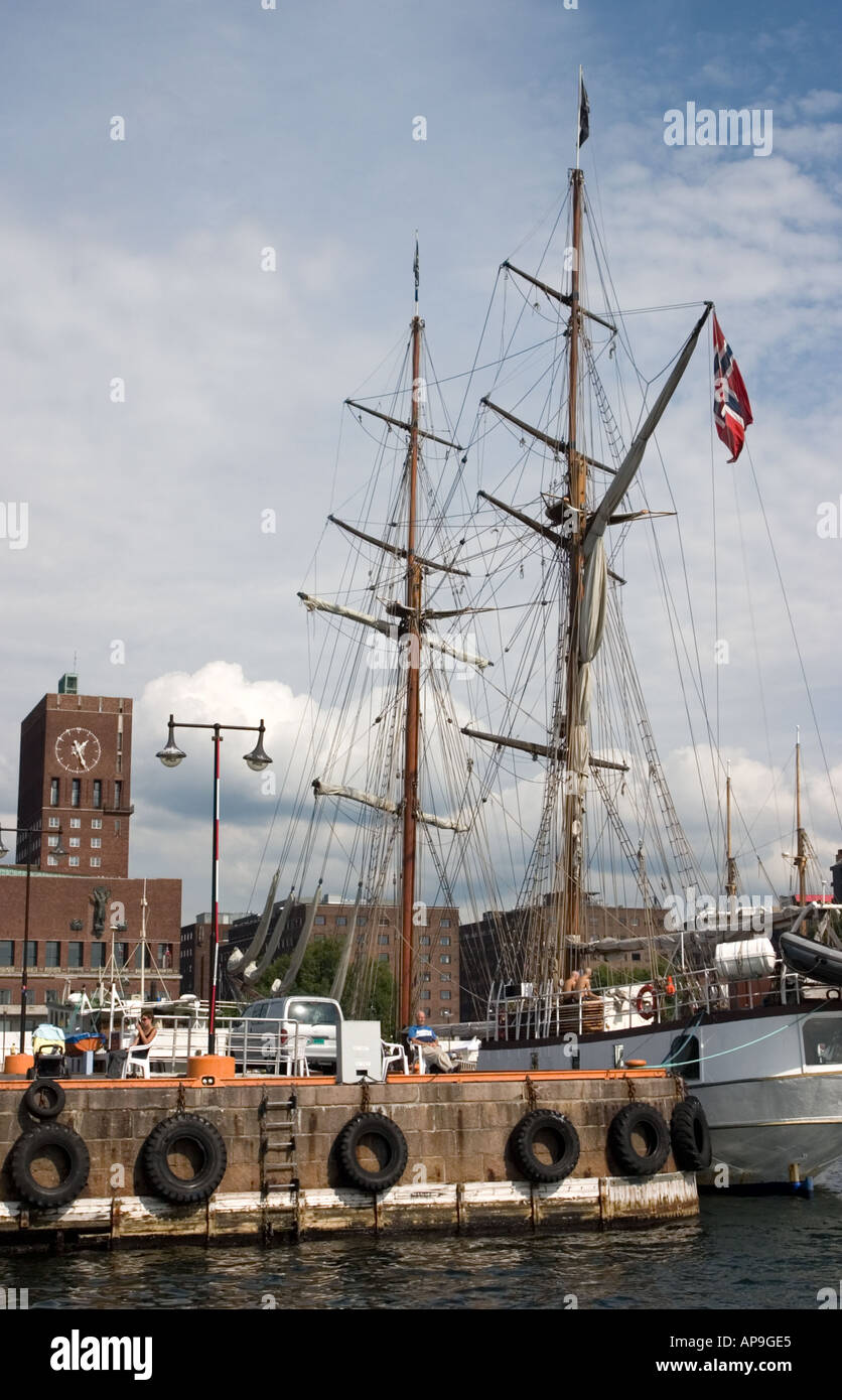 Large sailing ship and Ciy Hall as seen from Oslo Harbor Oslo Norway ...