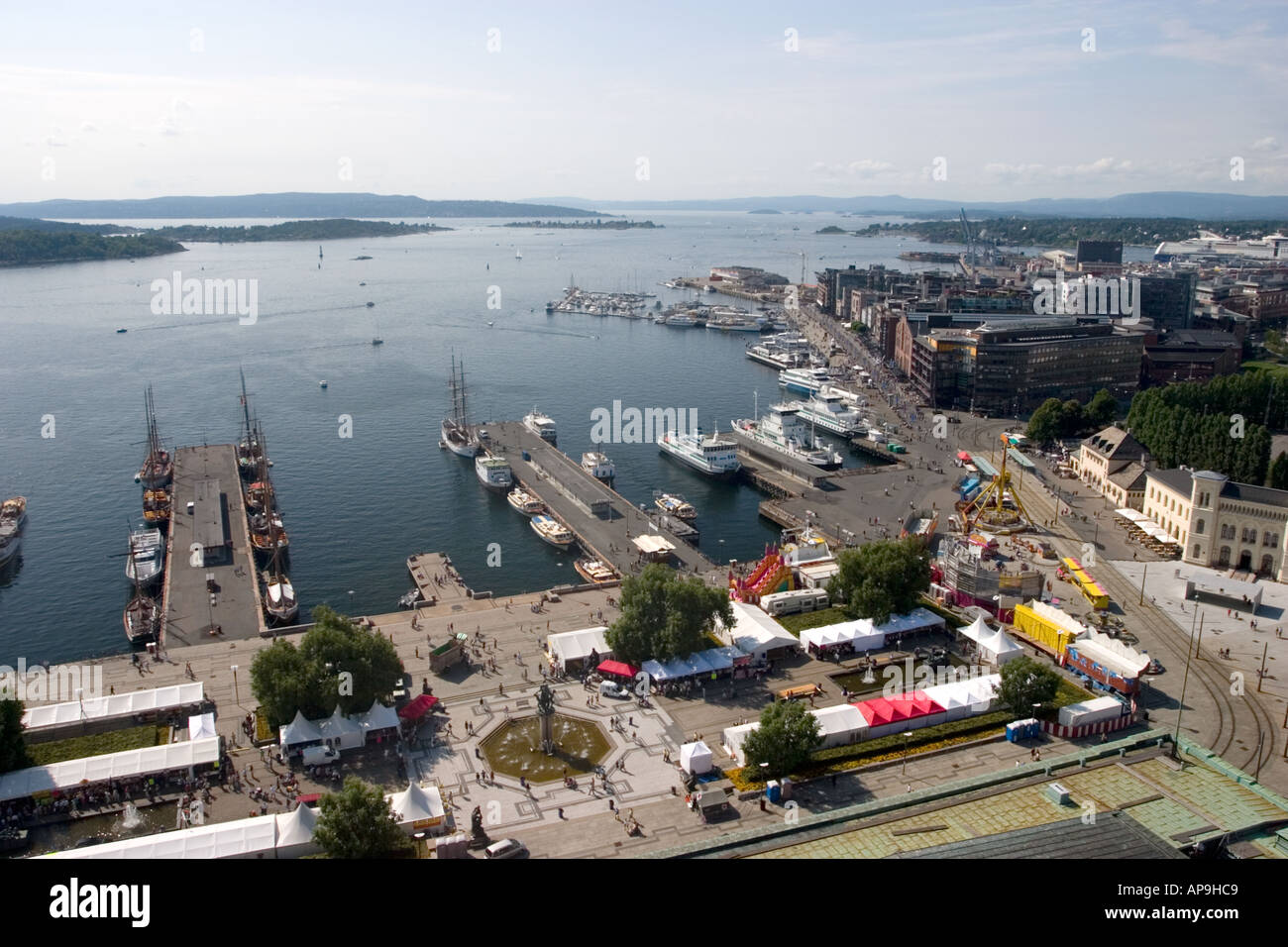 View of Aker Brygge and Oslo Fjord from Radhus City Hall tower Oslo ...