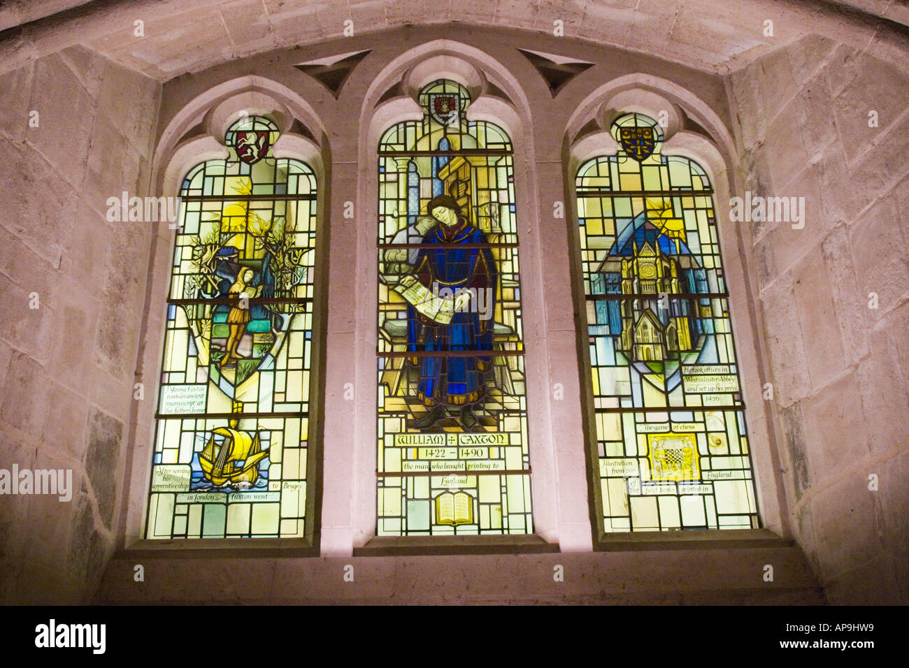 Stained glass windows in the medieval crypt beneath The Guildhall, City ...