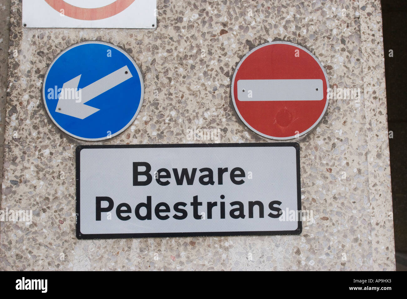 Beware pedestrians sign Oneway arrow no entry sign Stock Photo - Alamy