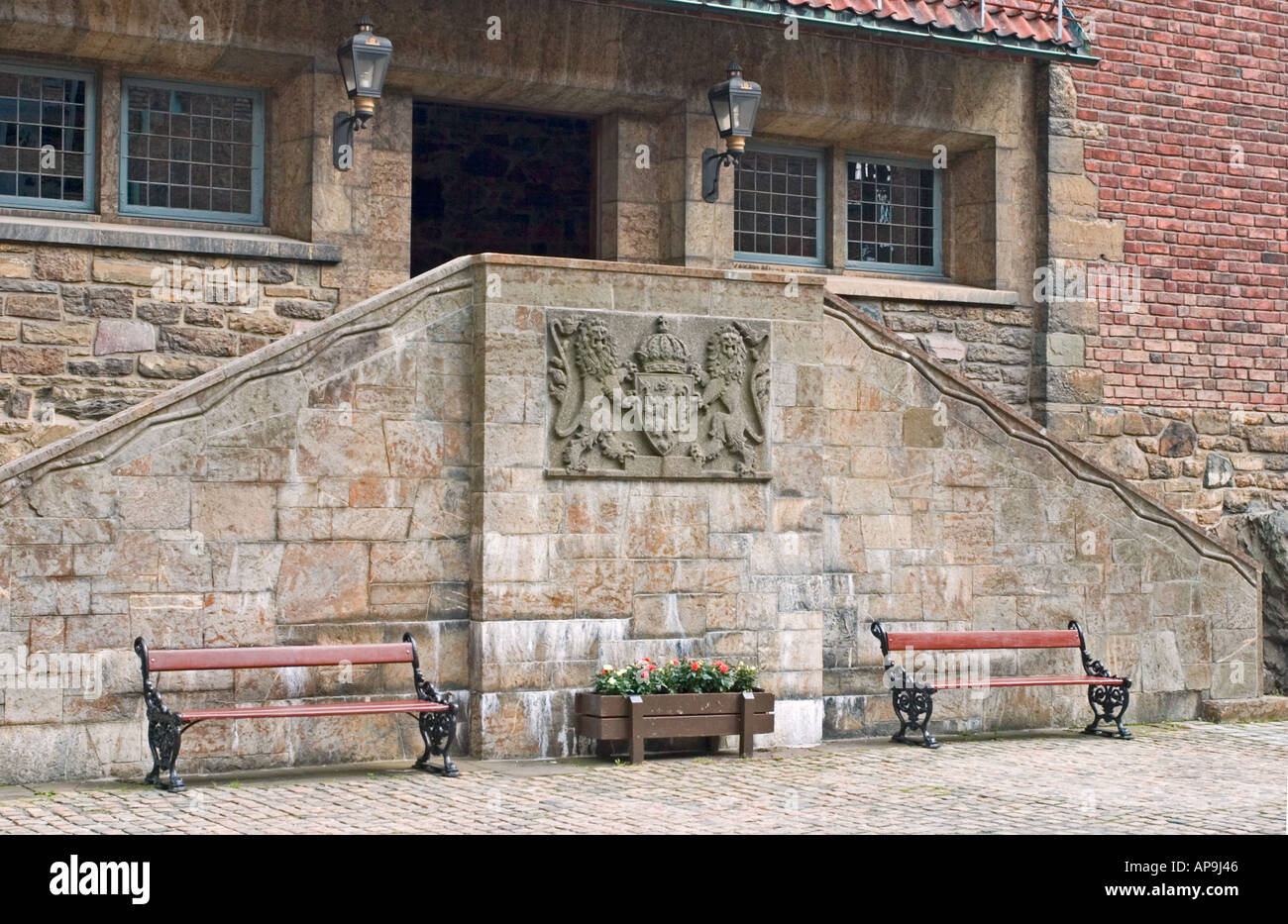 Stairs with Bas relief escutcheon in courtyard Akershus Castle Oslo ...
