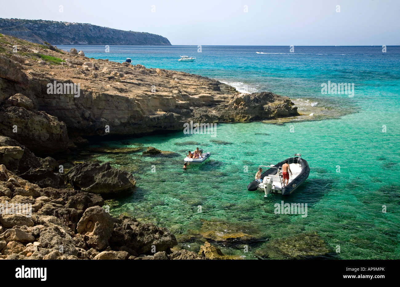 Boats and people swimming at Cala Vella. Mallorca Island. Spain Stock ...