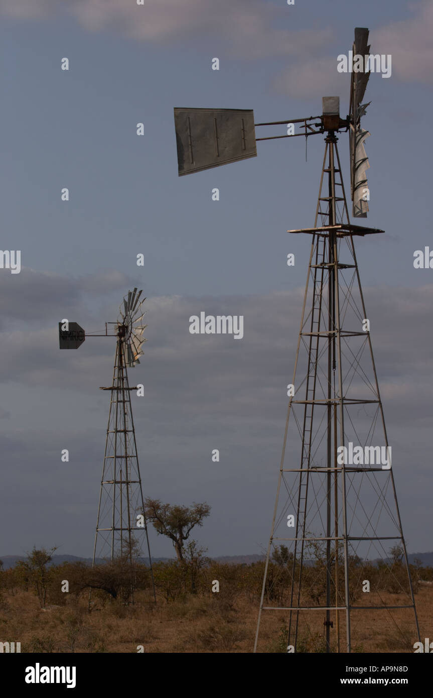 Wind water pumps in Kruger National Park used to fill waterholes Stock ...