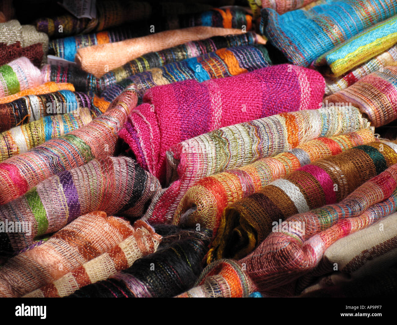 Colorful fabrics at market stalls at the City of David, Jerusalem ...