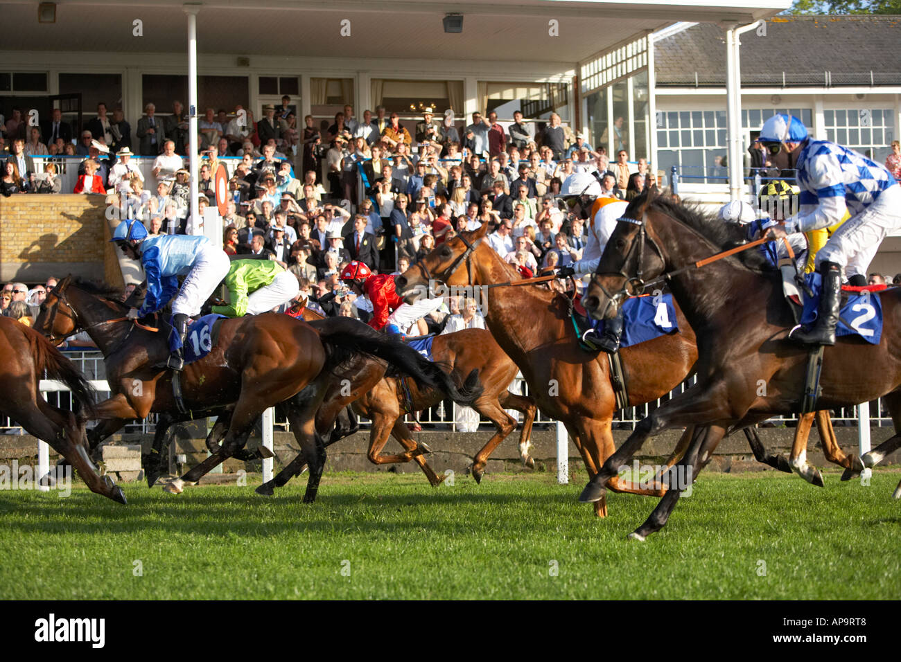 racehorses crossing the winning line at Windsor Royal Racecourse Stock ...