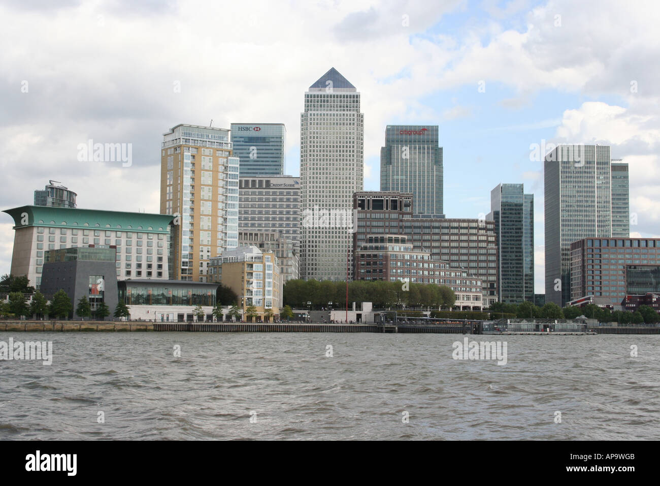 Docklands skyline including Canary Wharf and river Thames viewed from ...