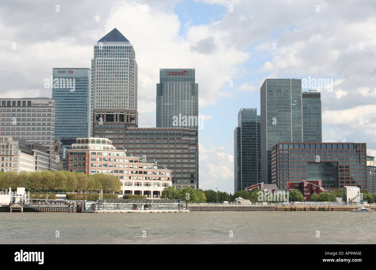 Docklands skyline including Canary Wharf and river Thames viewed from ...