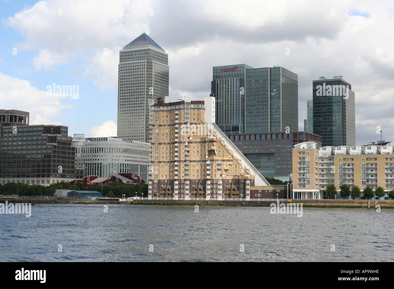 Docklands skyline including Canary Wharf and river Thames viewed from ...