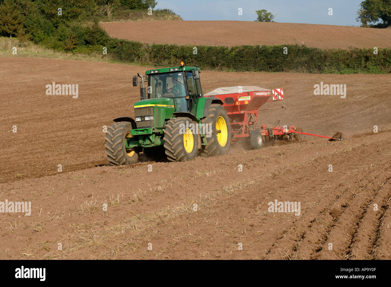 John Deere tractor Simba Horsch pneumatic drill planting barley in ...
