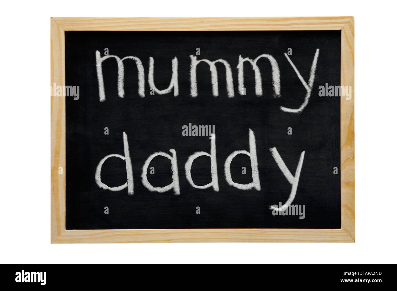 WOODEN FRAMED BLACK BOARD WITH THE WORDS MUMMY AND DADDY WRITTEN WITH ...