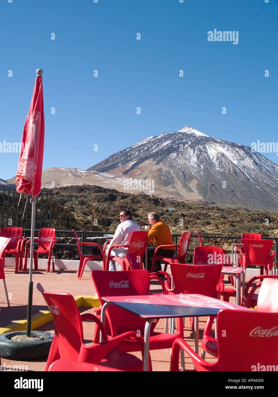 View of Mount Teide from a restaurant balcony at El Portillio la Villa ...