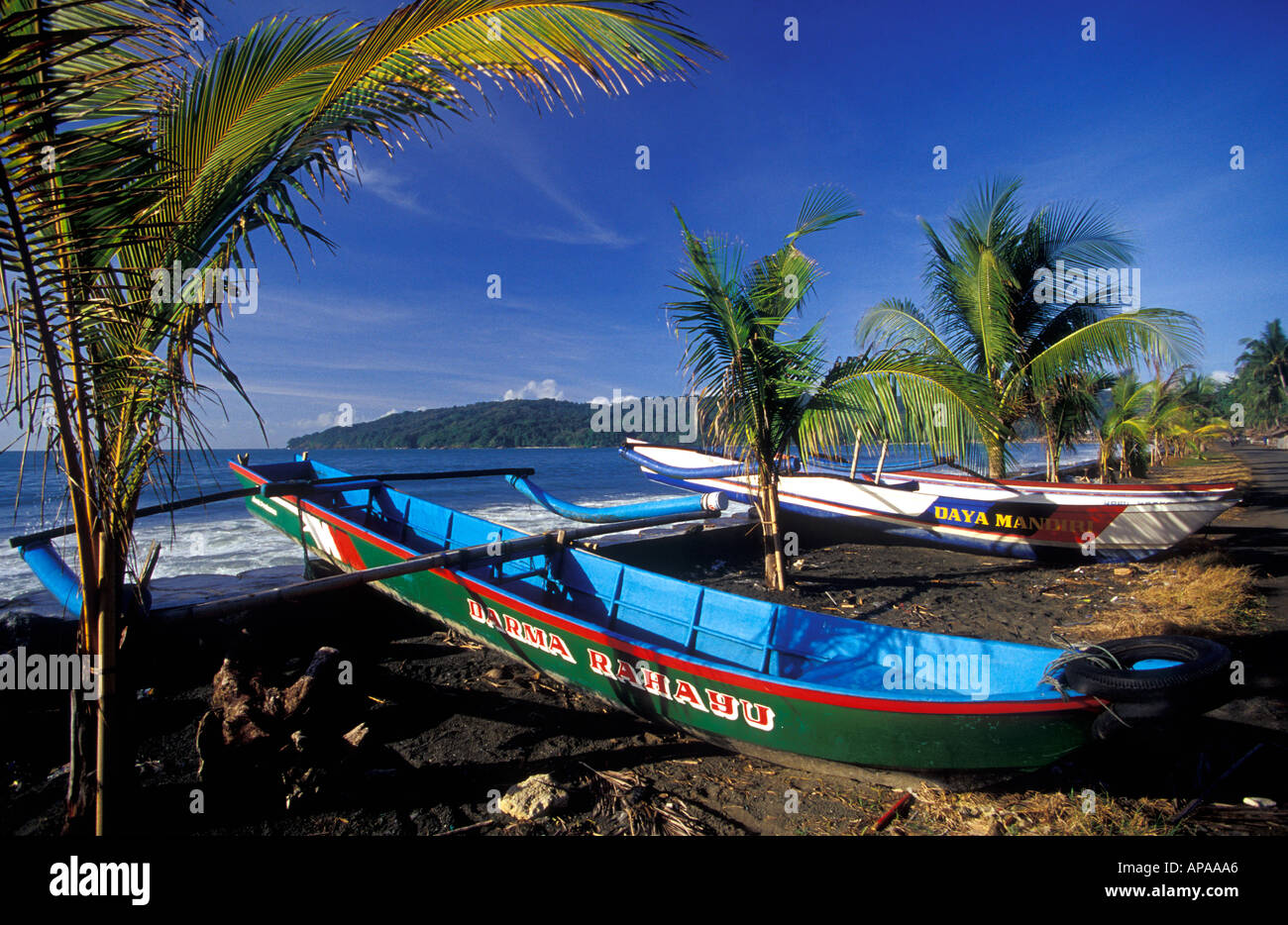 Two Fishing Boats on Tropical Beach, Pangandaran (Indonesia Stock Photo ...