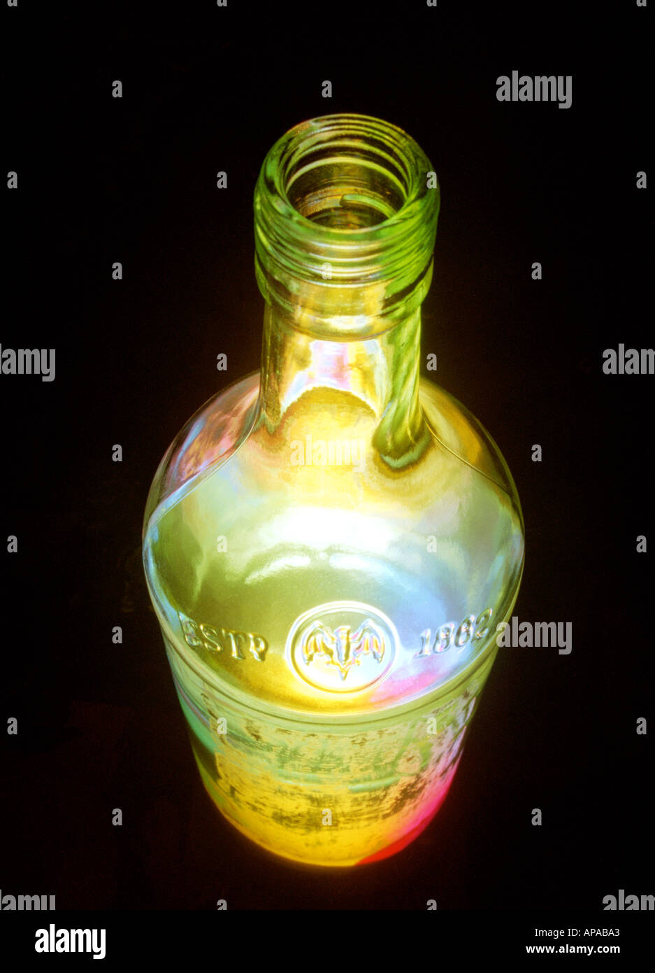 Top angle of empty glass bottle without cap Stock Photo - Alamy