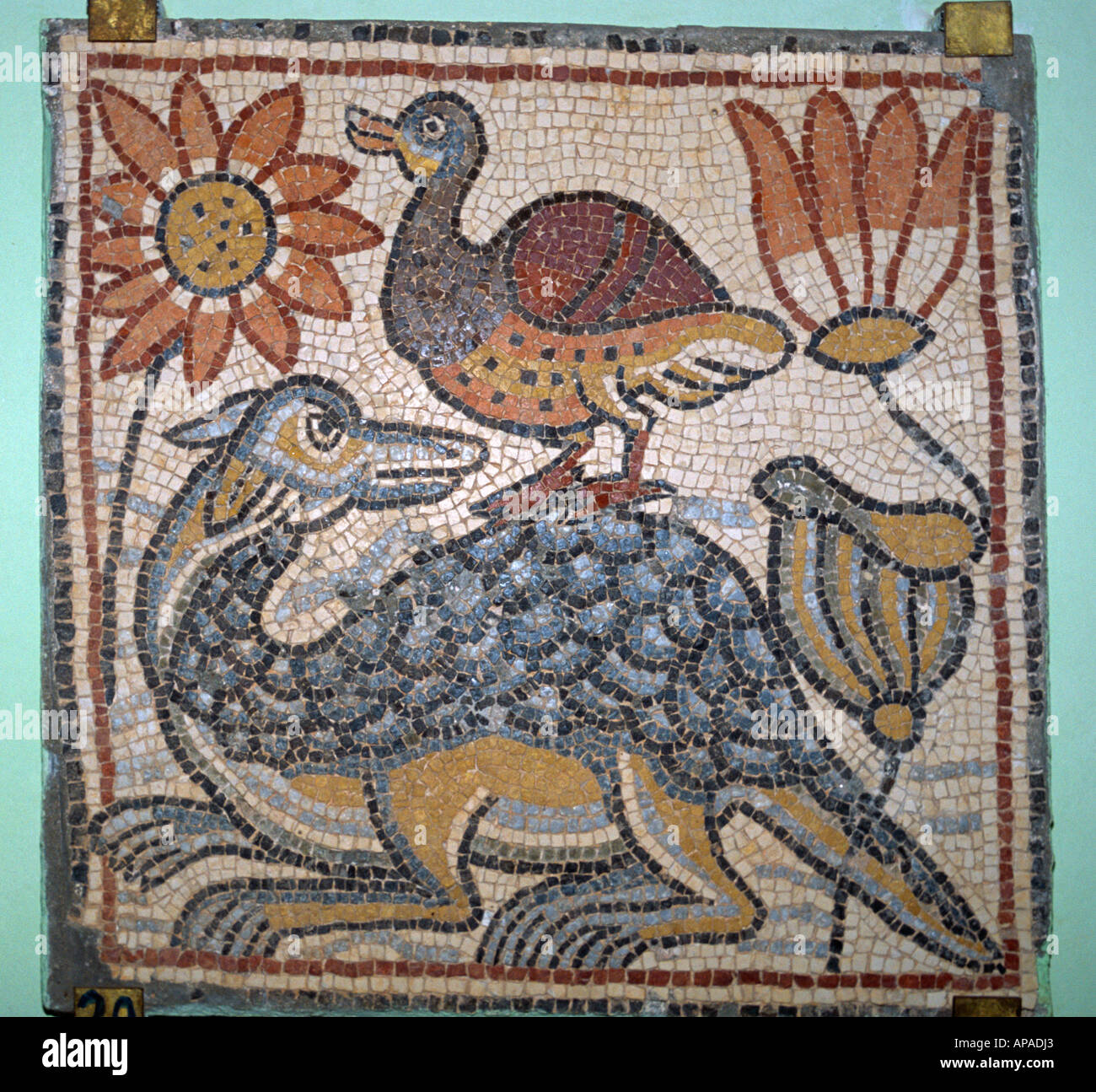 mosaic showing a Nilotic scene of a crocodiile with a bird on its back ...