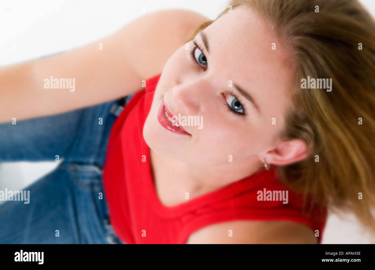 Stock photo of Closeup of Caucasian Teen Girl Looking Up at Camera USA ...