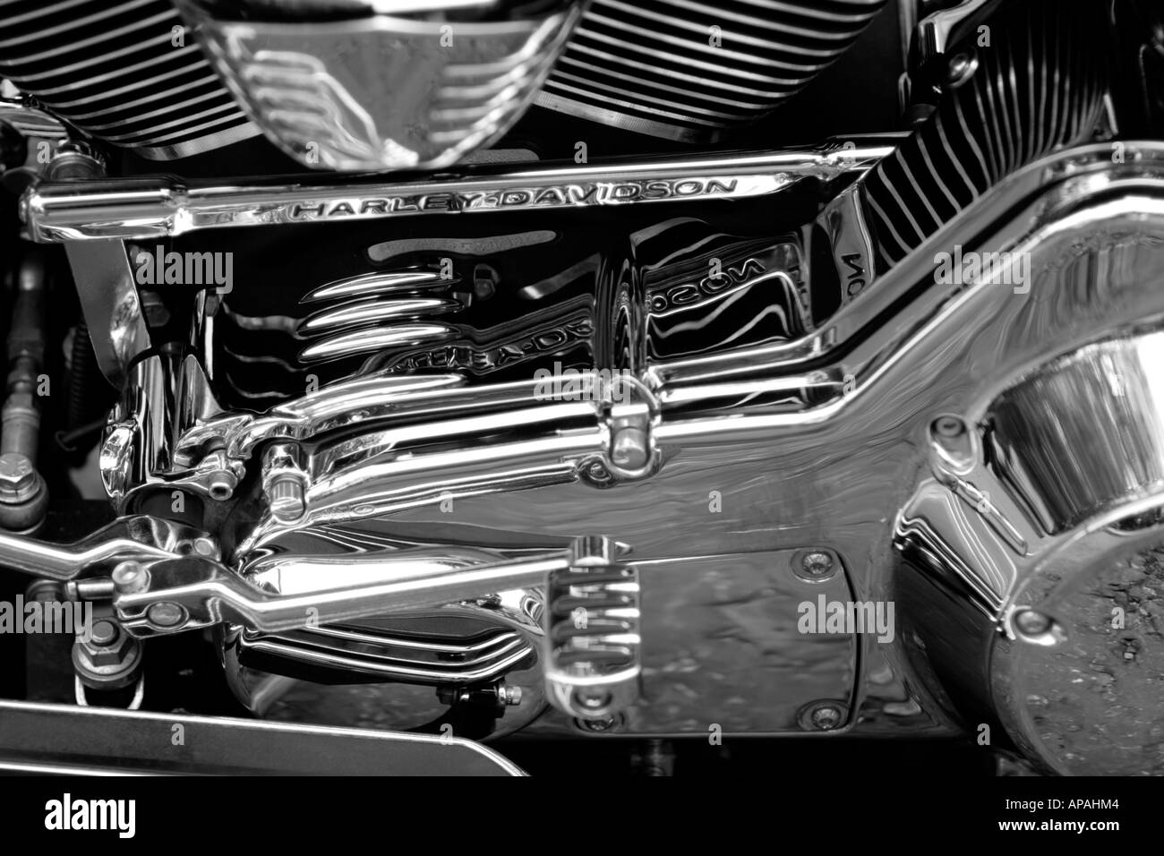 Detail showing polished chrome engine of Harley Davidson motorcycle ...
