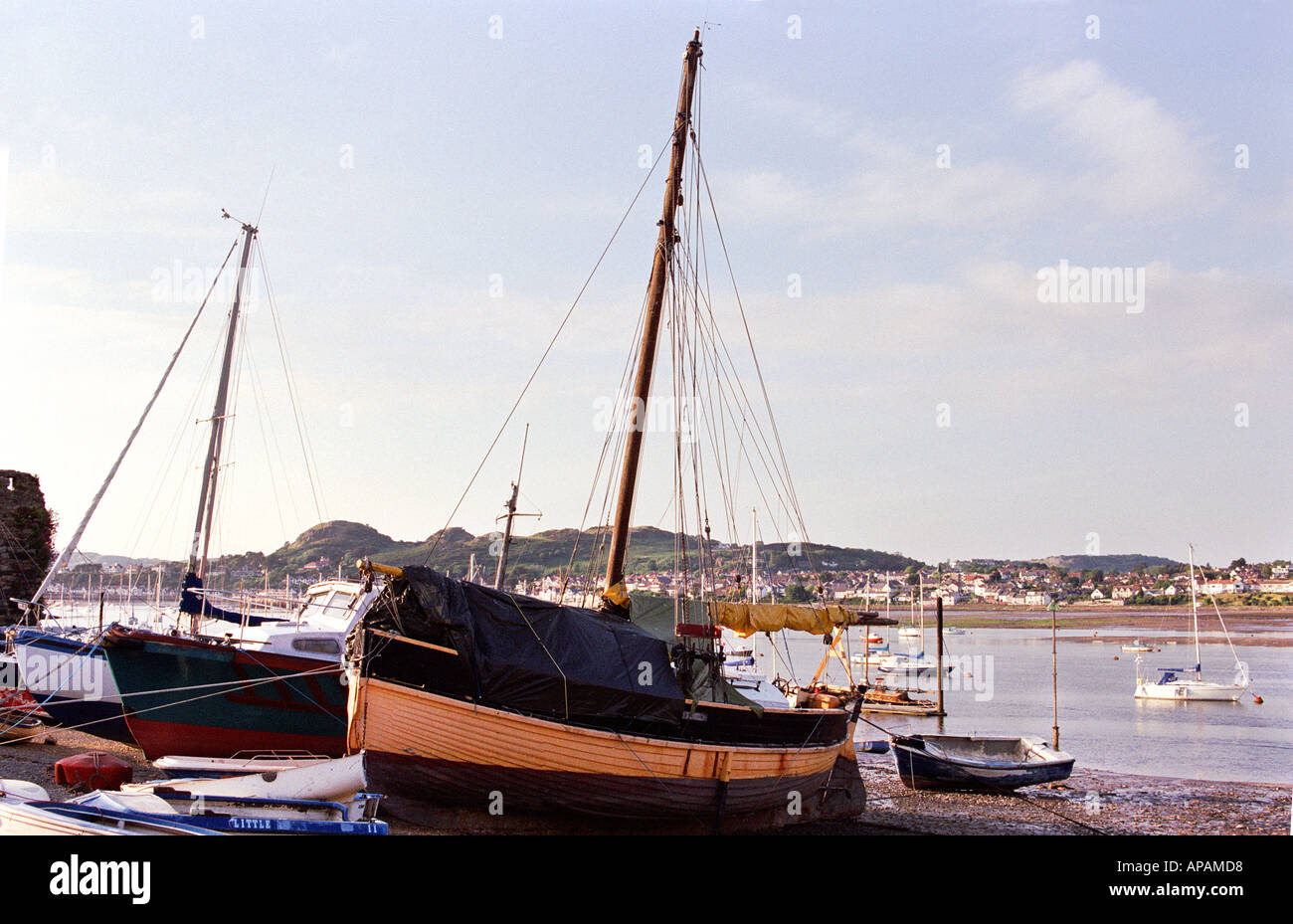 Old sailing vessel from the days of sail in Conwy Harbour North Wales ...