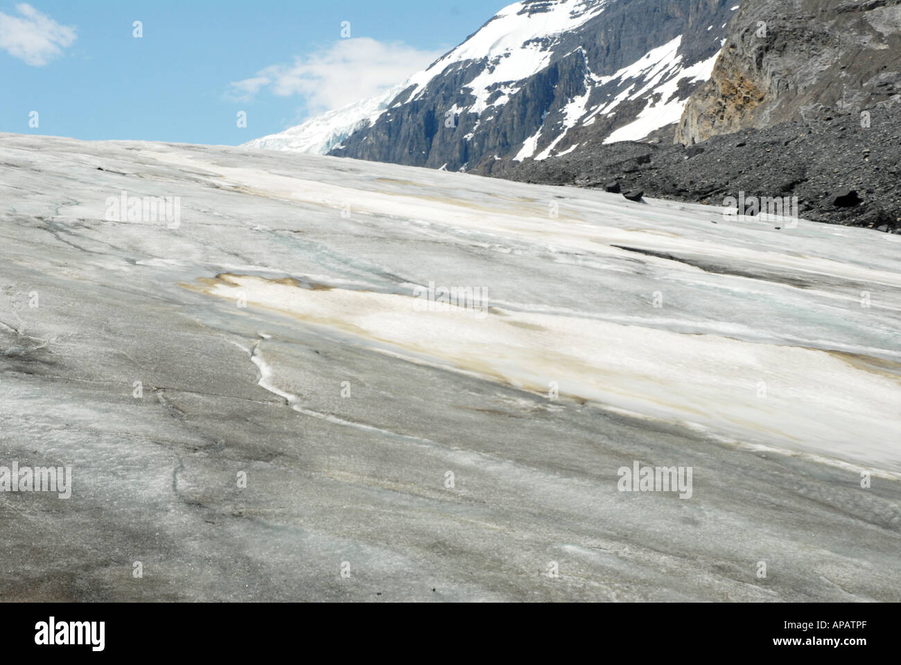 View of receding Athabasca Glacier in Jasper National Park Stock Photo ...