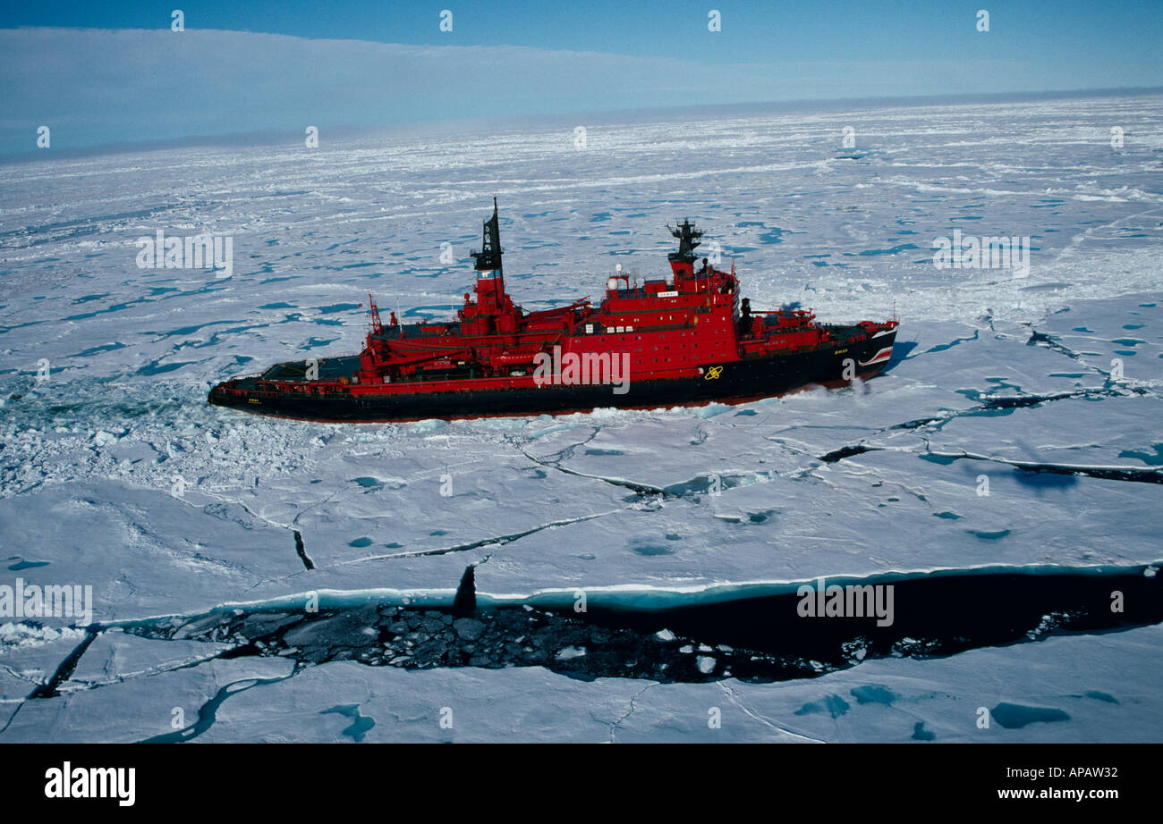Russian Nuclear Icebreaker, Yamal, in sea ice approaching the North ...