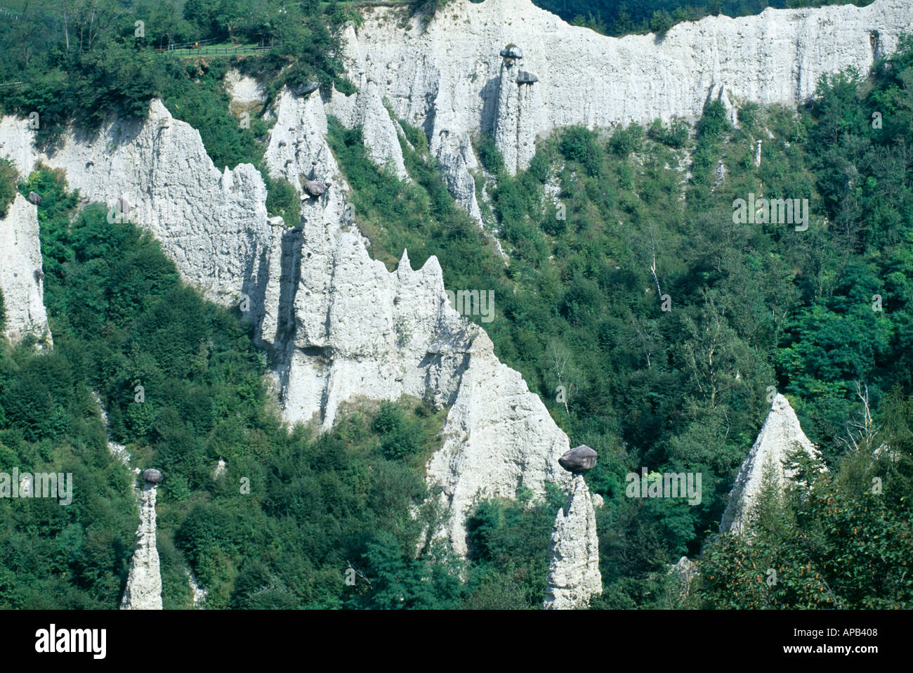Looking down on Zone Pyramids at Lago Iseo large earth pillars near ...