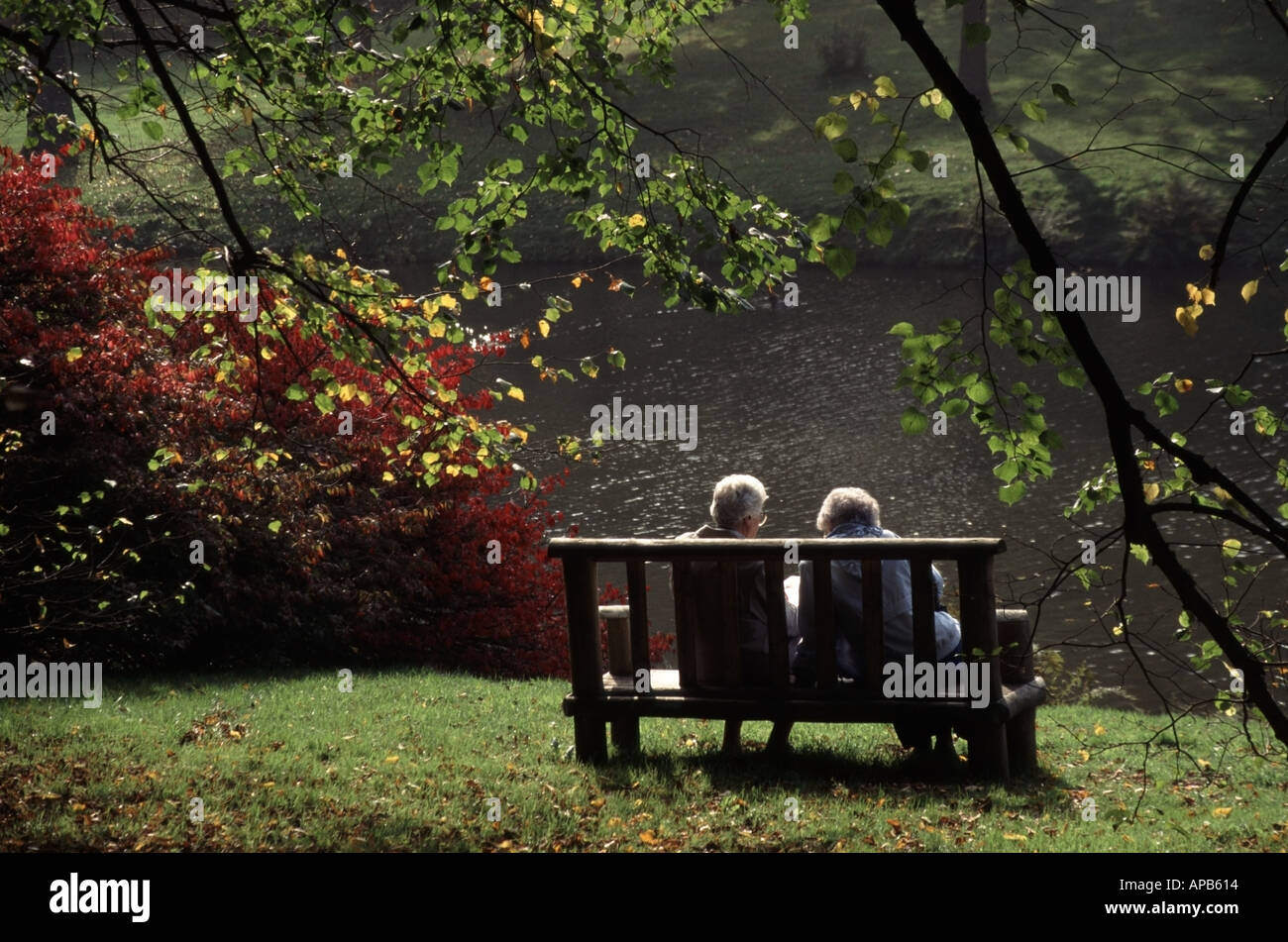 Back view of pensioner mature senior citizen man & woman couple sitting ...