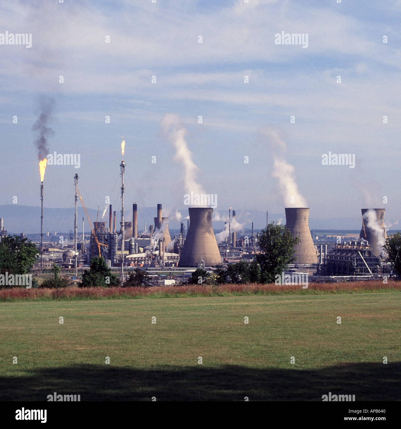 Cooling towers steam & flame flares smoke Scottish landmark industrial ...