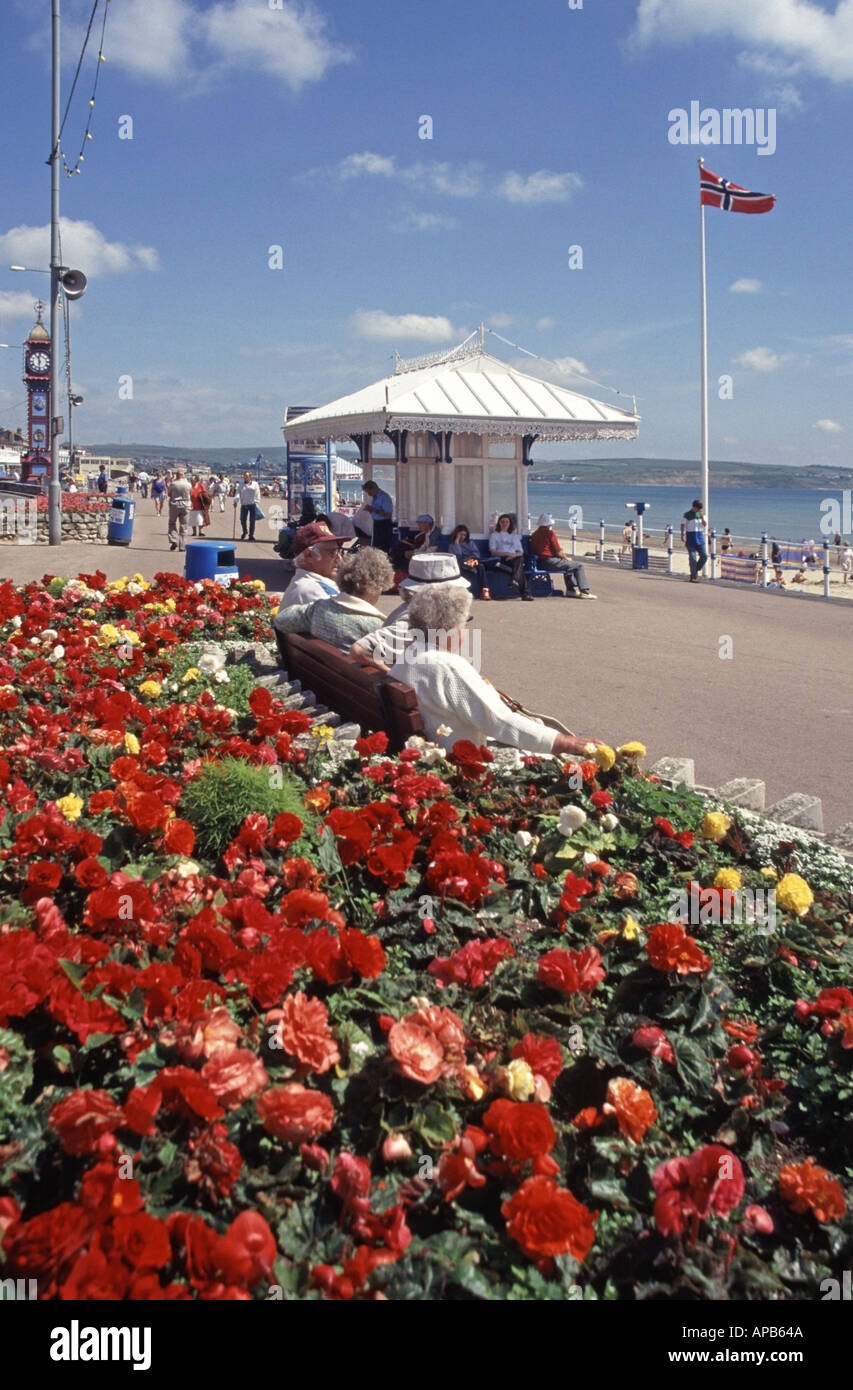 Weymouth seaside resort seafront wide promenade with holiday tourist ...